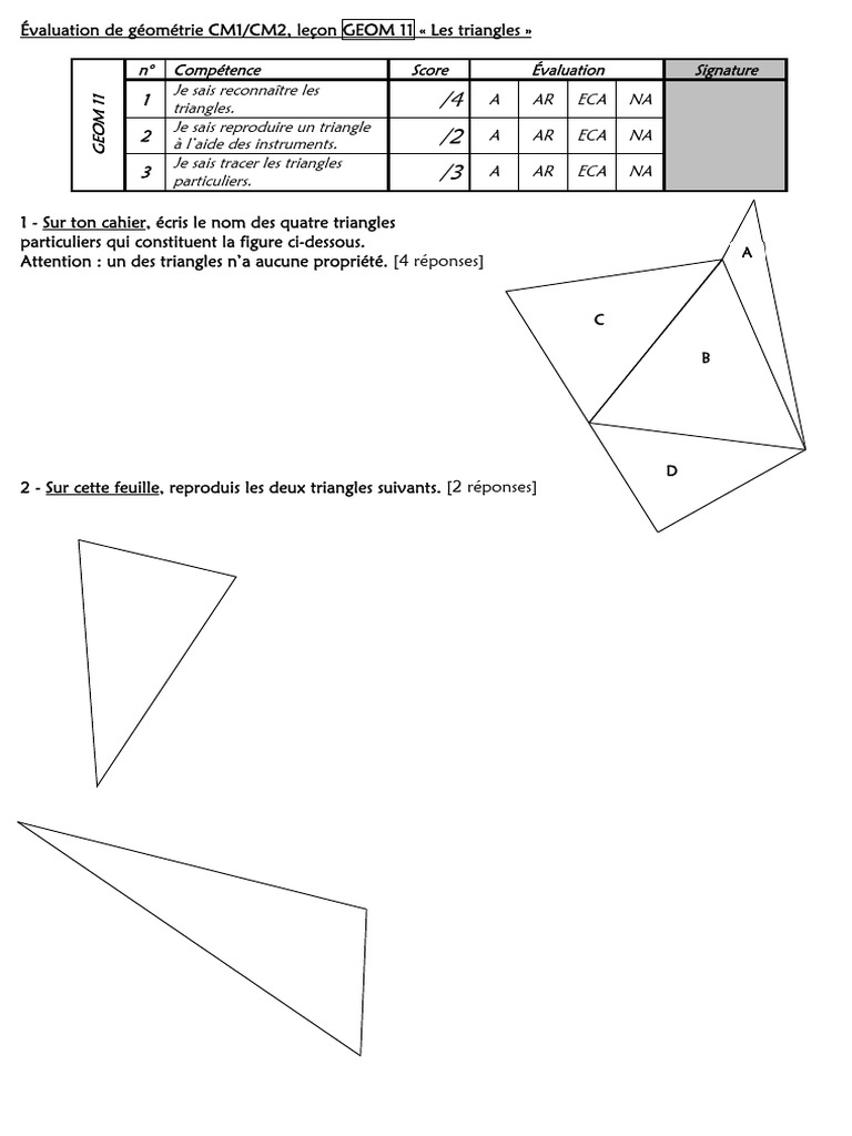 Évaluation triangles CM1/CM2 avec corrigé | PDF | Triangle | Géométrie ...