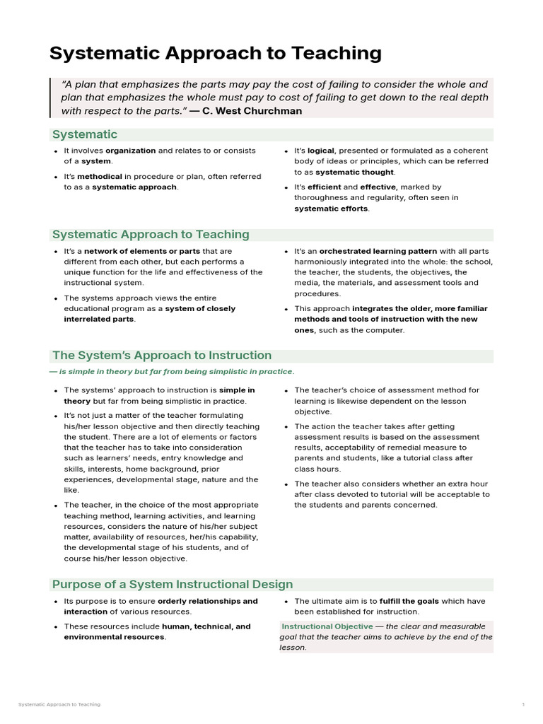 Systematic Approach To Teaching | PDF | Teaching Method | Teachers