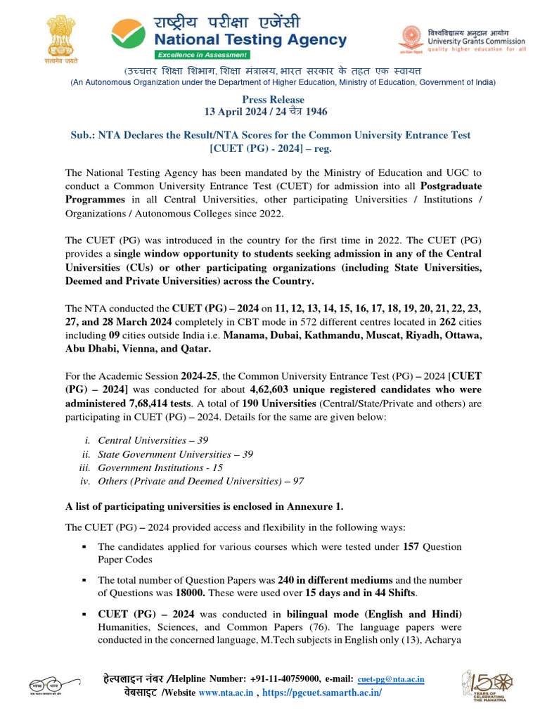 Press Release For The Declaration of The Result of CUET (PG) - 2024 ...