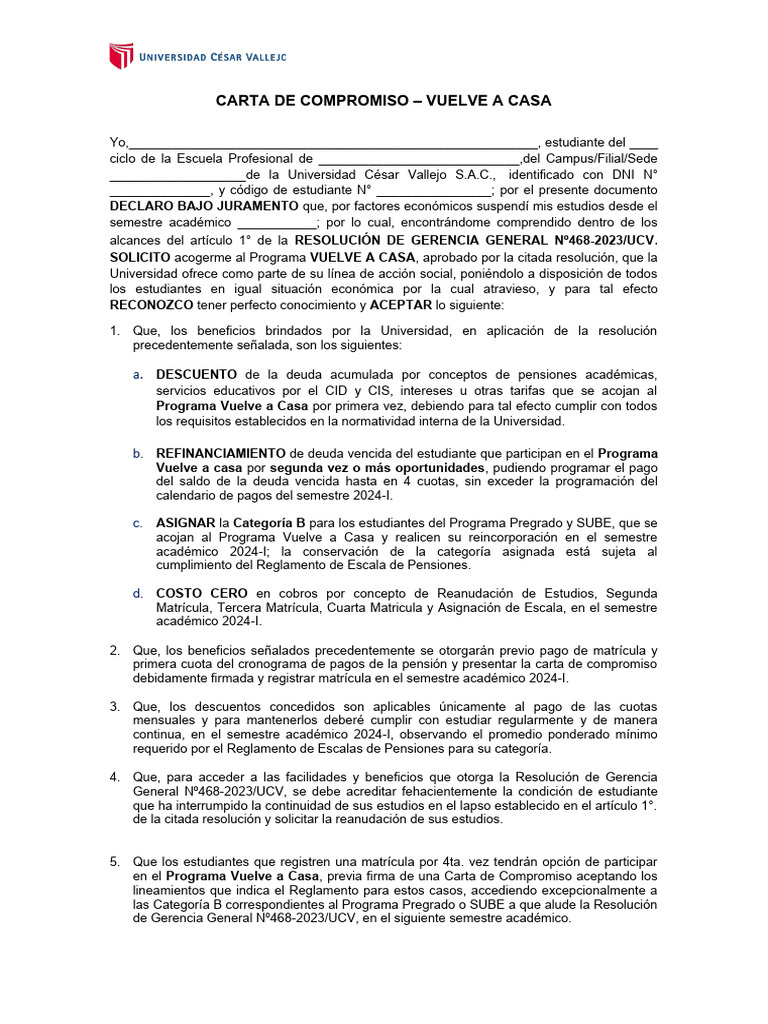 Carta Compromiso: Programa Vuelve a Casa | PDF | Negocios | Finanzas y ...