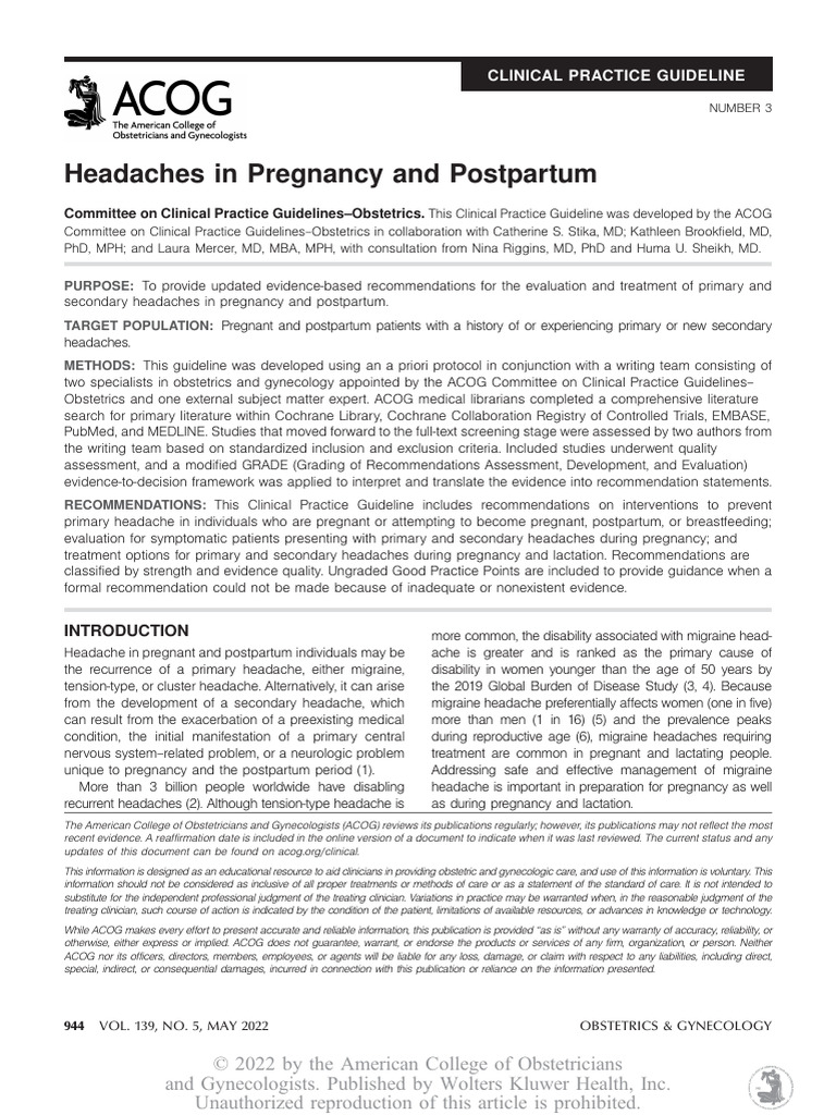 Headaches in Pregnancy and Postpartum ACOG.37 | PDF | Headache | Migraine