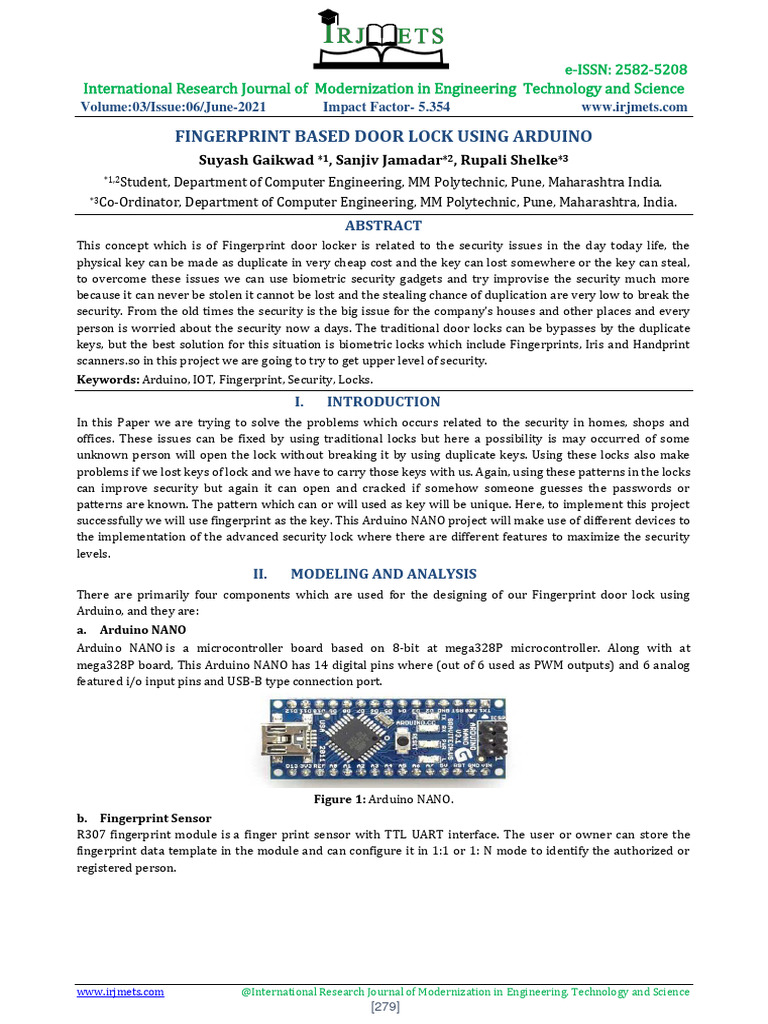 Fingerprint Based Door Lock Using Arduino: Suyash Gaikwad, Sanjiv ...