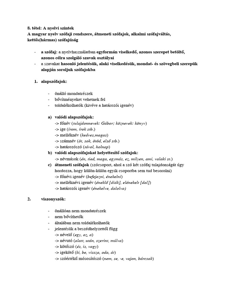 8.t. Szófaji Rendszer | PDF