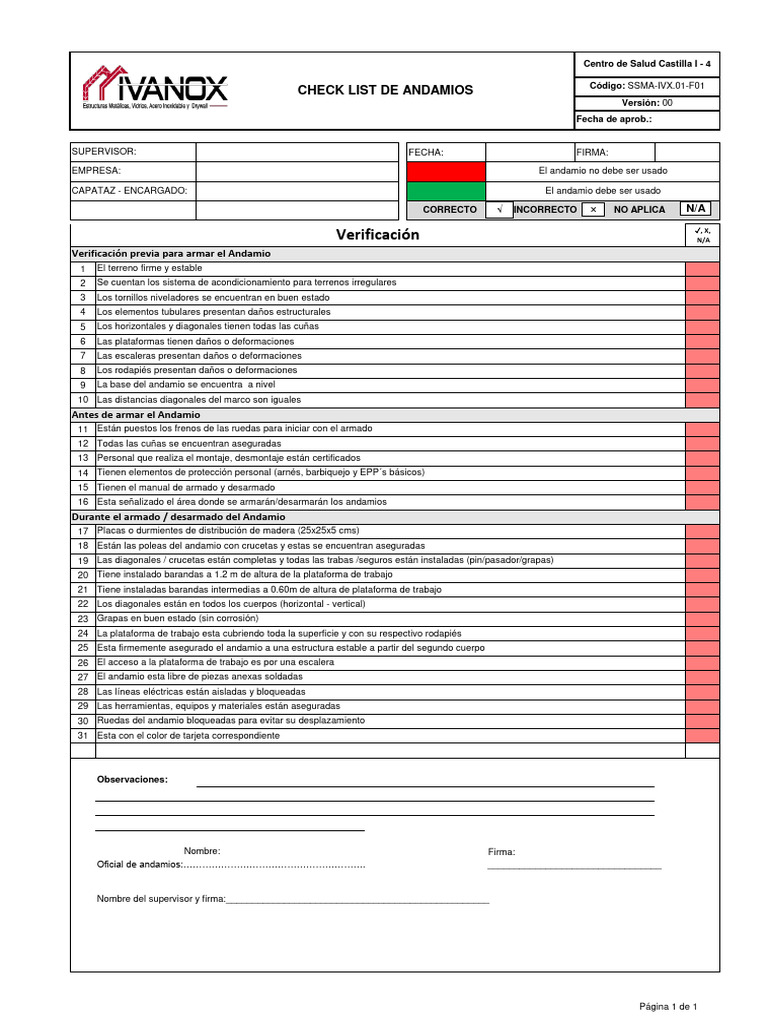 Checklist de Seguridad para Andamios | PDF | Andamio
