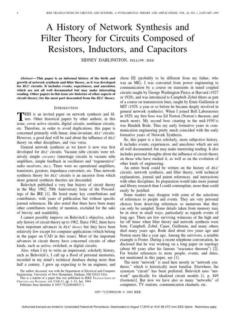 A History of Network Synthesis and Filter Theory For Circuits Composed ...
