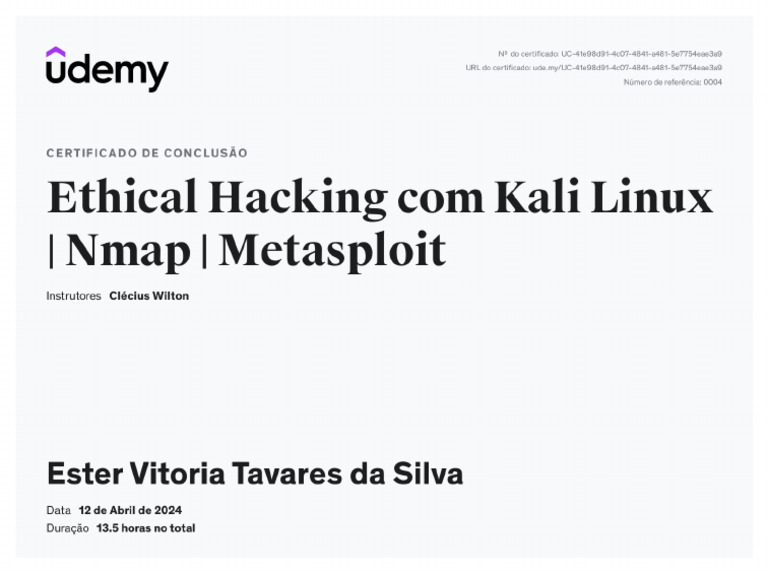 Certificado Hacking Do Basico Ao Avancado Kali LINUX Nmap e Metasploit | PDF