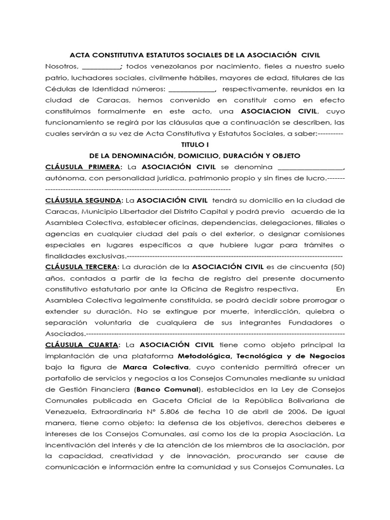 Acta Constitutiva Asociación Civil | PDF | Bancos | Administración Pública