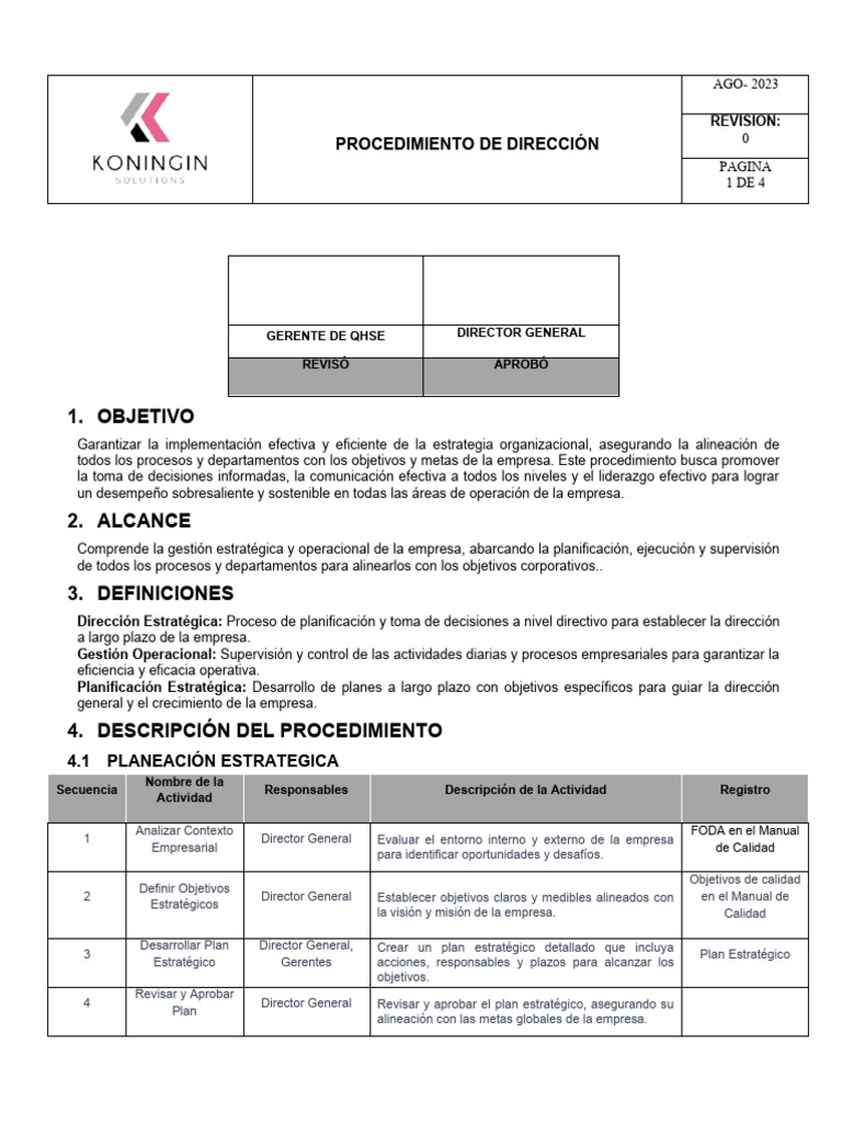 Procedimiento Dirección | PDF | Planificación | Planificación estratégica