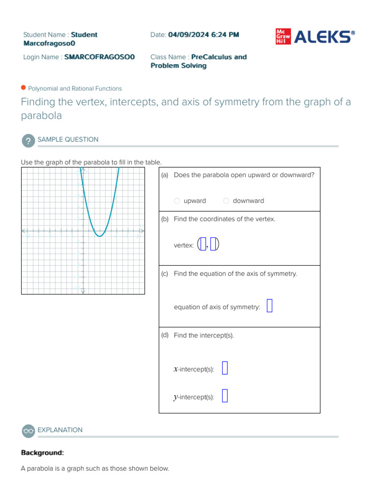 1 Polynomial And Rational Functions Finding The Vertex Intercepts And Axis Of Symmetry From