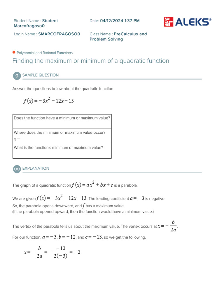 7 - Polynomial and Rational Functions - Finding The Maximum or Minimum of A Quadratic Function ...