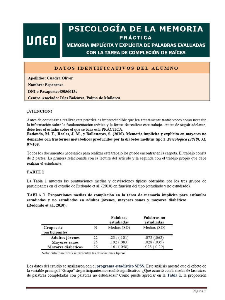Memoria Implícita y Explícita en Adultos | PDF | Memoria | Diabetes