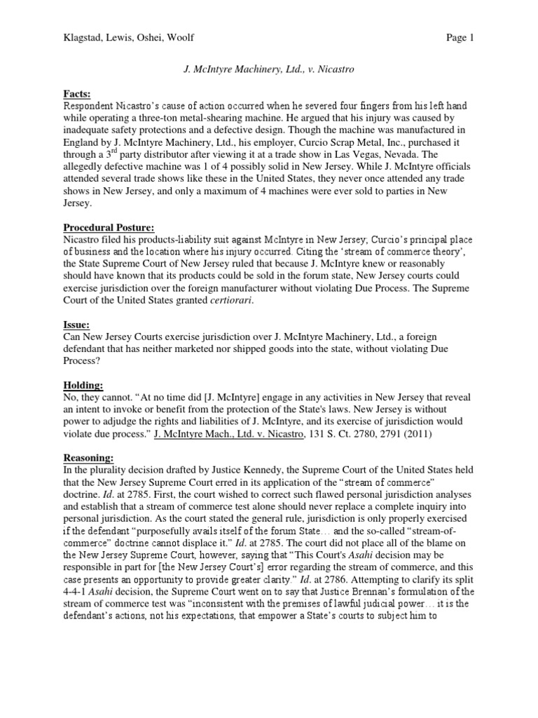 McIntyre v. Nicastro | Personal Jurisdiction | Jurisdiction