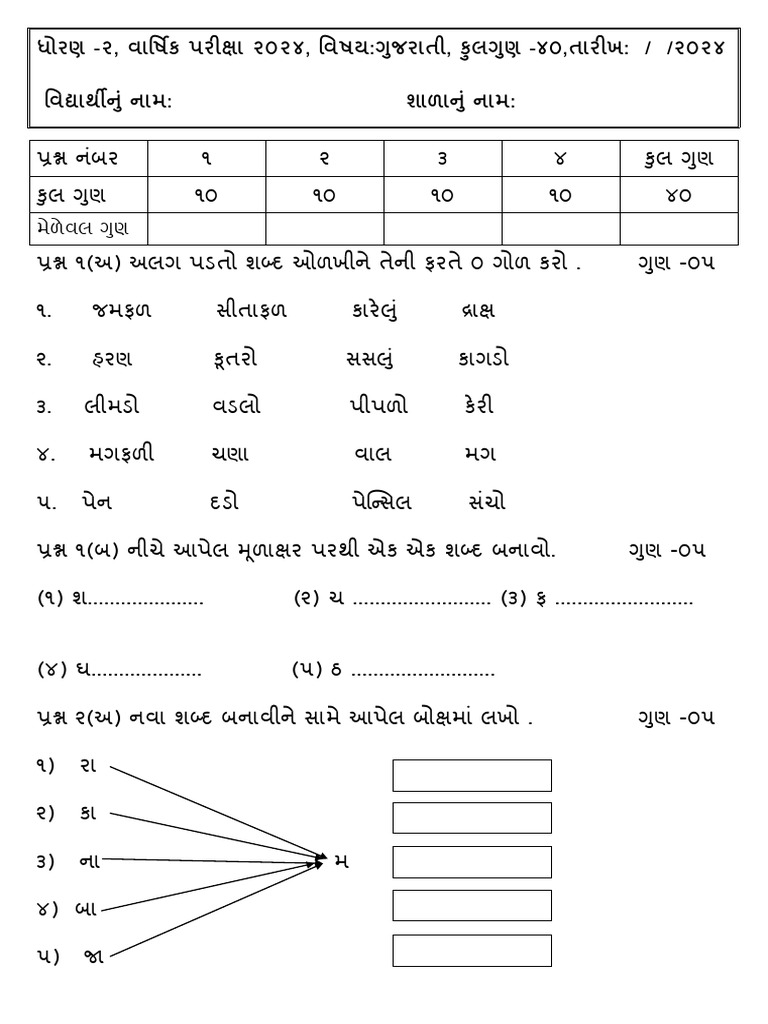 STD 2 Gujarati Que Paper Varshik Exam 2024 | PDF