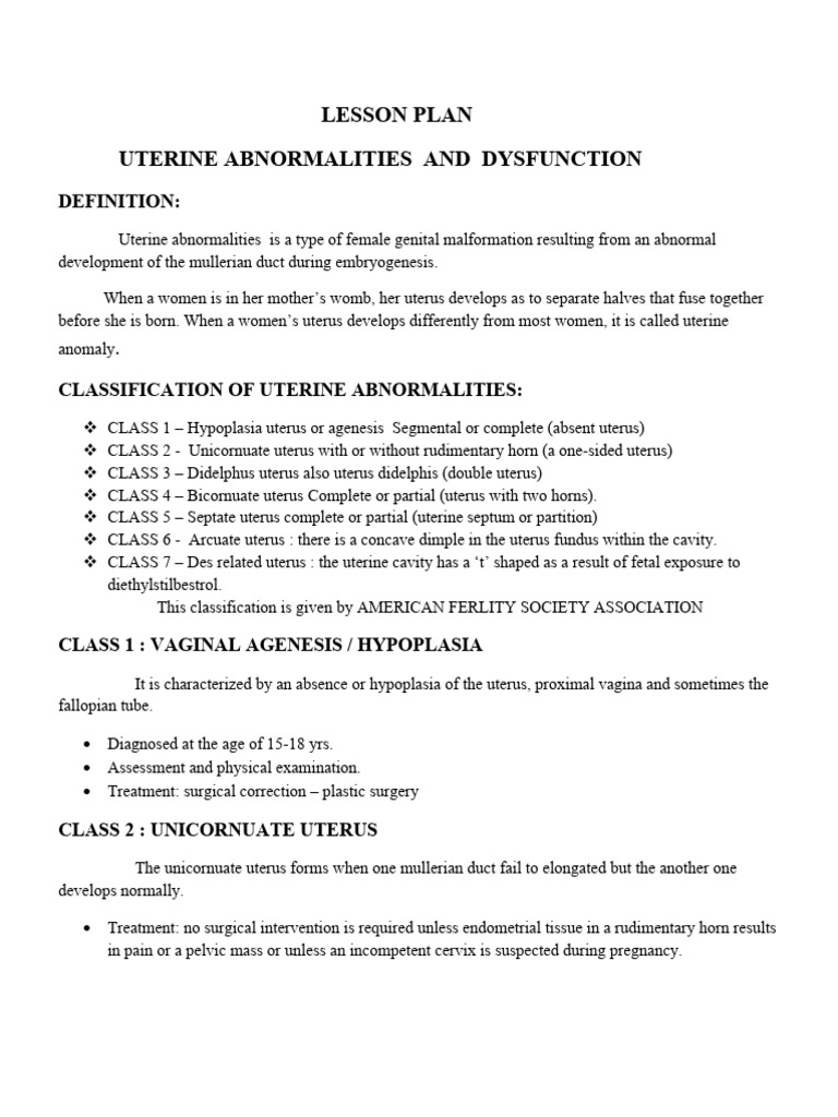 Lesson Plan Uterine Abnormalities and Dysfunction | PDF | Uterus | Sexual Anatomy