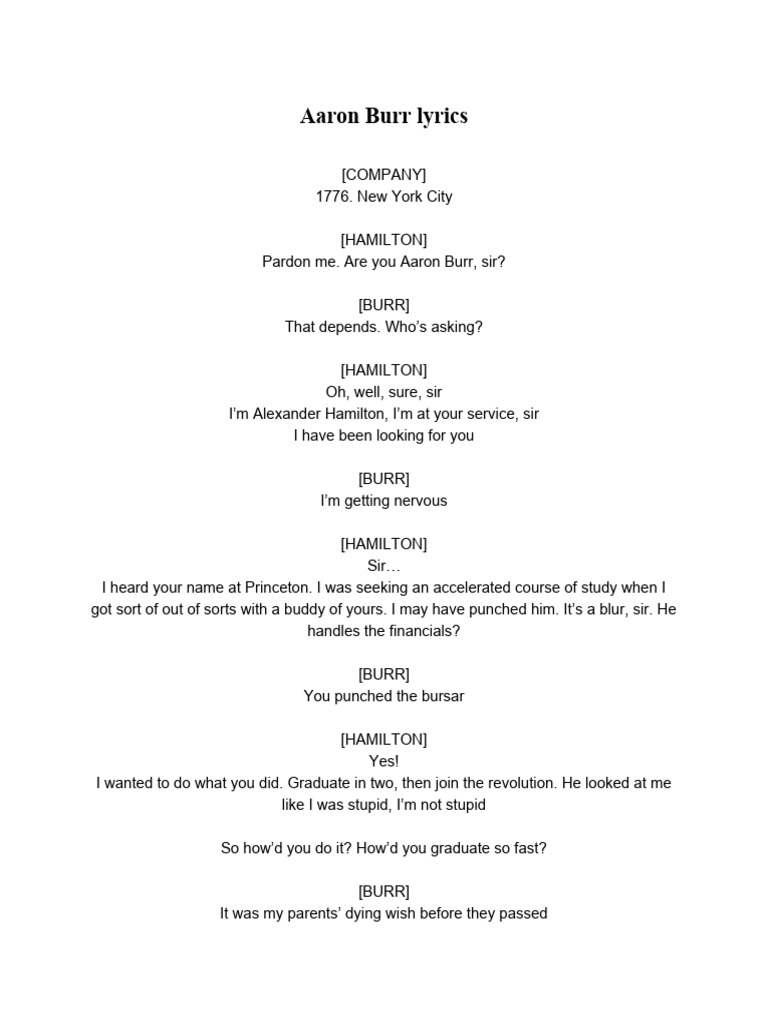 Aaron Burr Lyrics | PDF | Hamilton (Musical)