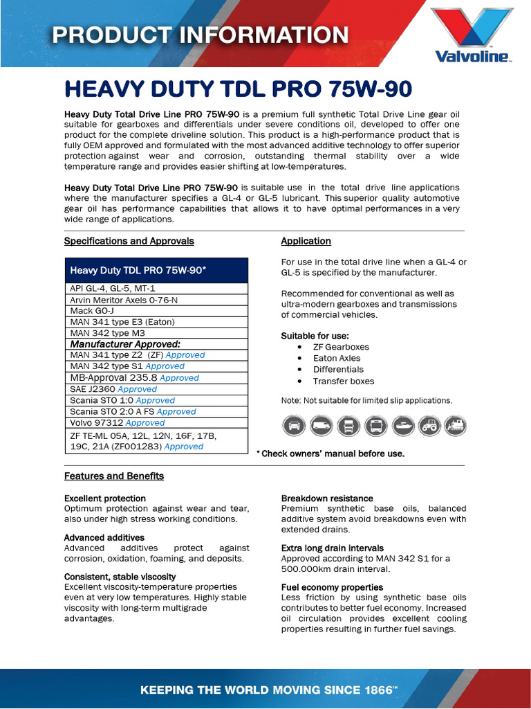 Valvoline Heavy Duty TDL PRO 75W-90-PI Sheet | PDF | Materials ...