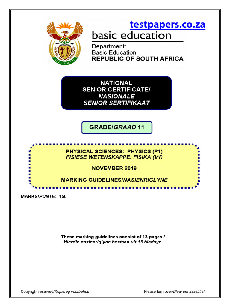 Gr11 Phy P1 (English and Afrikaans) November 2019 Possible Answers | PDF