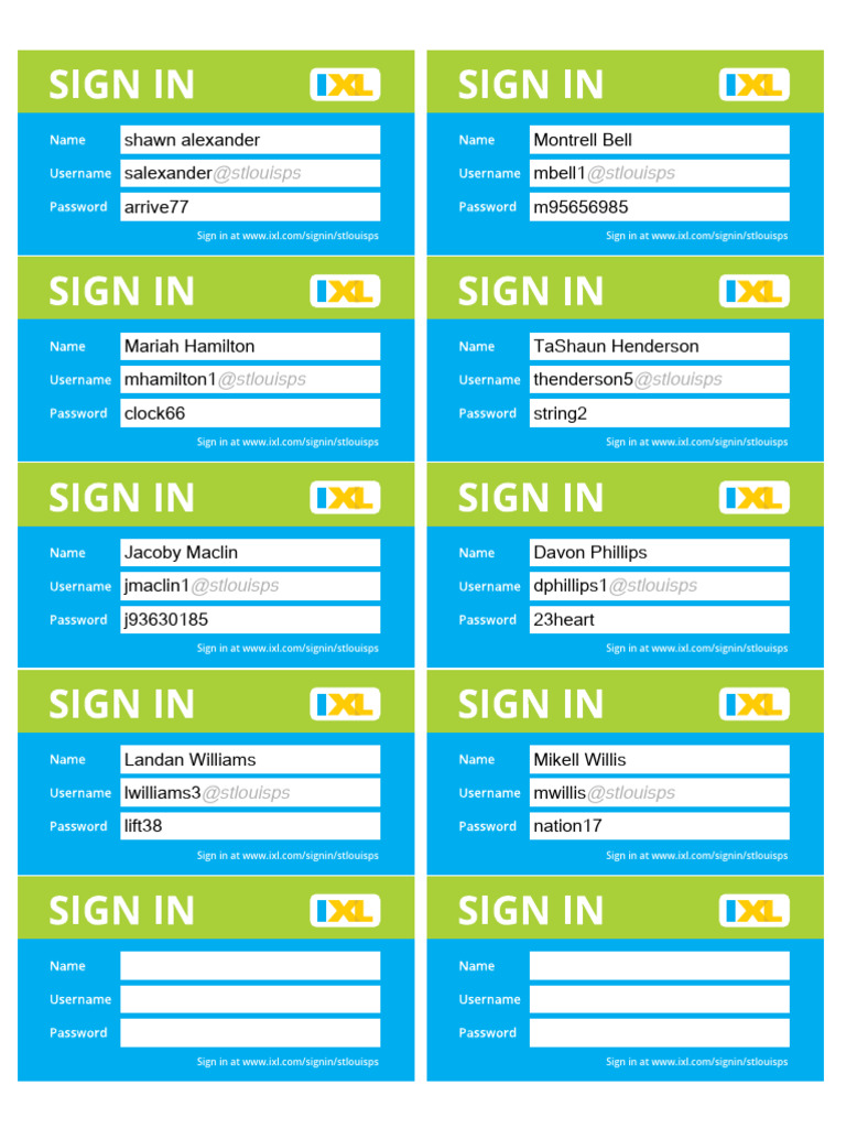 IXL Username and Password Cards | PDF