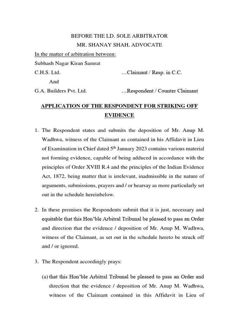 Respondent's Application to Strike Evidence | PDF | Common Law | Civil ...