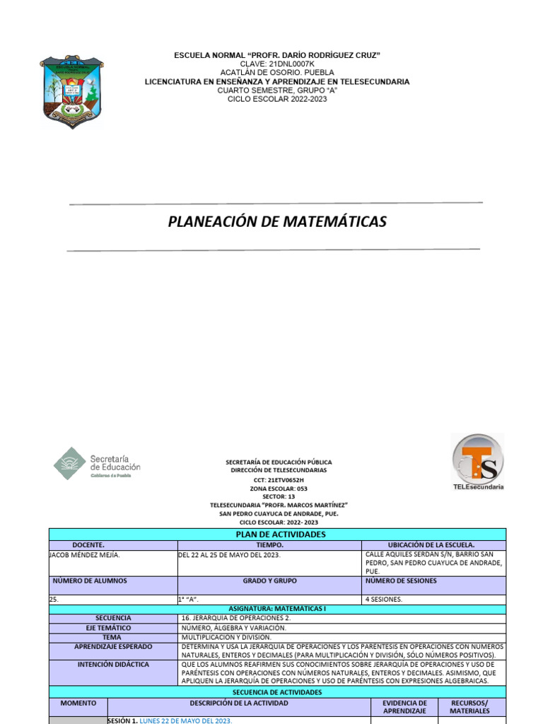 Planeación De Matemáticas 1 X Pdf Multiplicación División