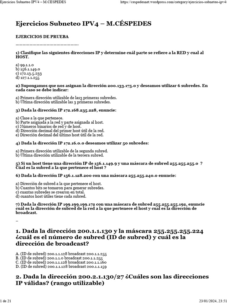 Ejer Cici Os Subnet Eo | PDF | Dirección IP | Protocolos de red