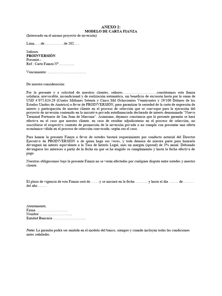 Anexo 2 Modelo de Carta Fianza | PDF