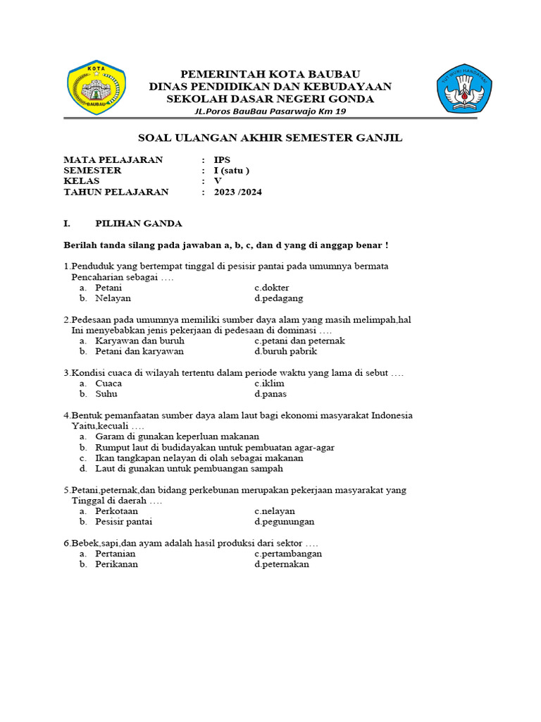 Soal Ulangan Semester 1 Kls 5. | PDF