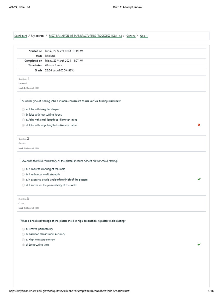 Quiz 1_ Attempt review | PDF | Casting | Materials