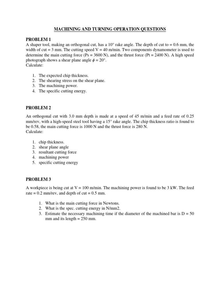 MACHINING AND TURNING QUESTIONS and Solns | PDF | Science & Mathematics ...