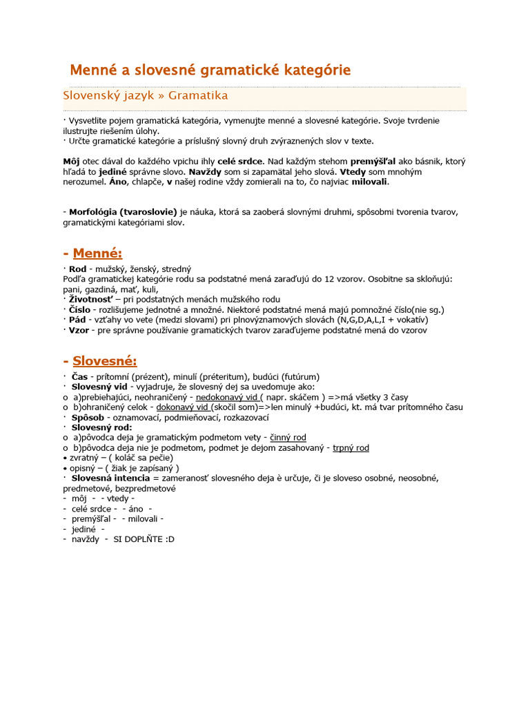 Menné A Slovesné Gramatické Kategórie | PDF