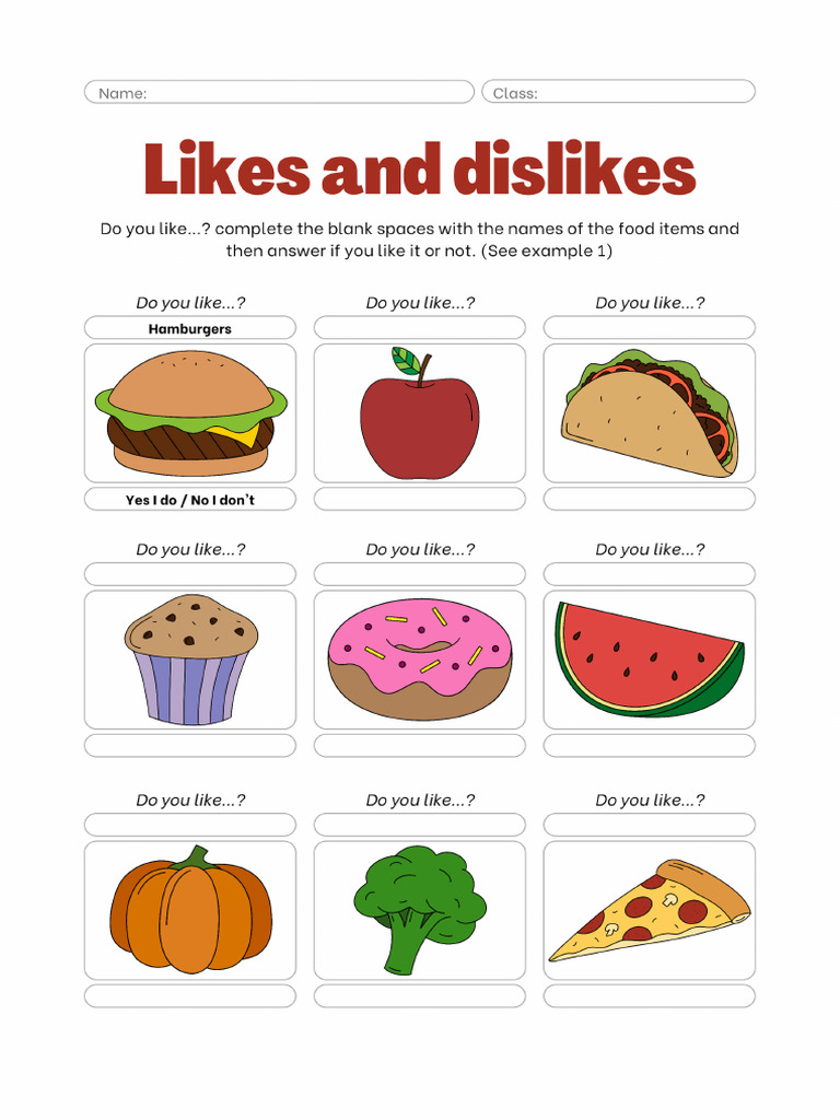 Colorful Illustrative Likes and Dislikes Food Worksheet | PDF
