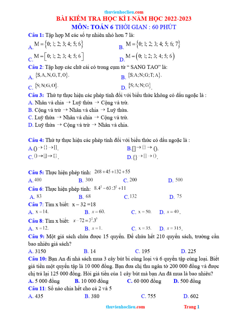 De Thi HK1 Toan 6 CTST 2022 2023 Co Dap An | PDF