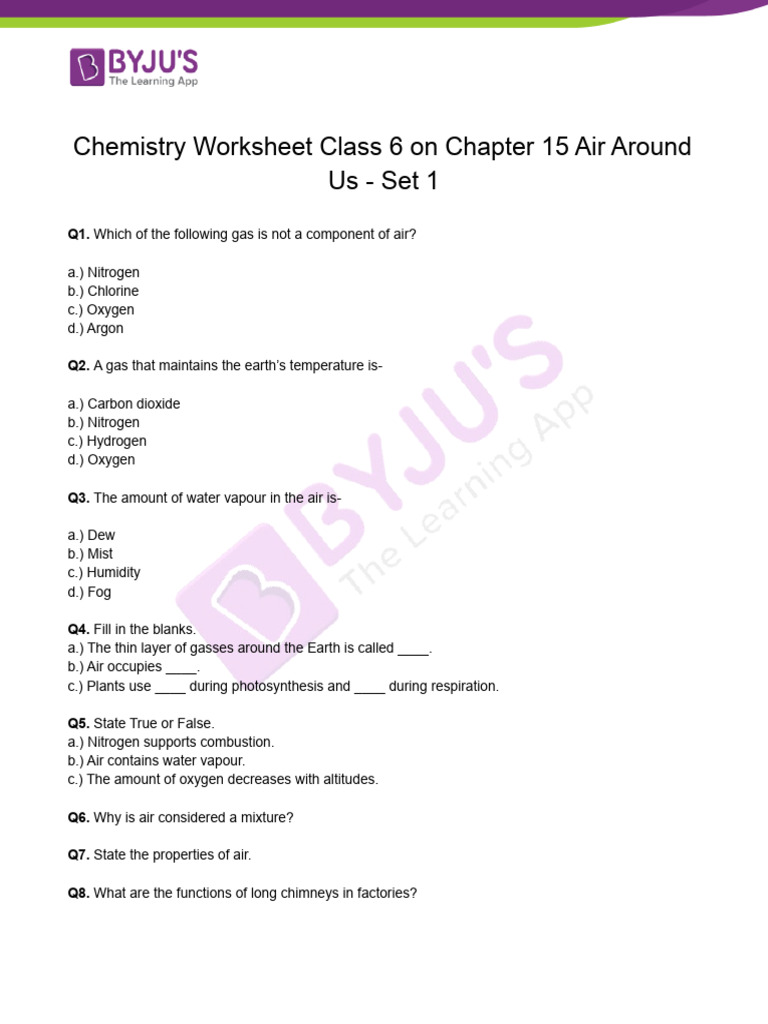 Chemistry Worksheet Class 6 Chapter 15 Air Around Us Questions Set 1 | PDF Chemistry Worksheet Class 6 Chapter 15 Air Around Us Questions Set 1 | PDF