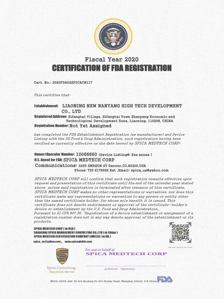 Fiscal Year 2020 Certificate of FDA Registration 2020FDA02SPICACN117 ...