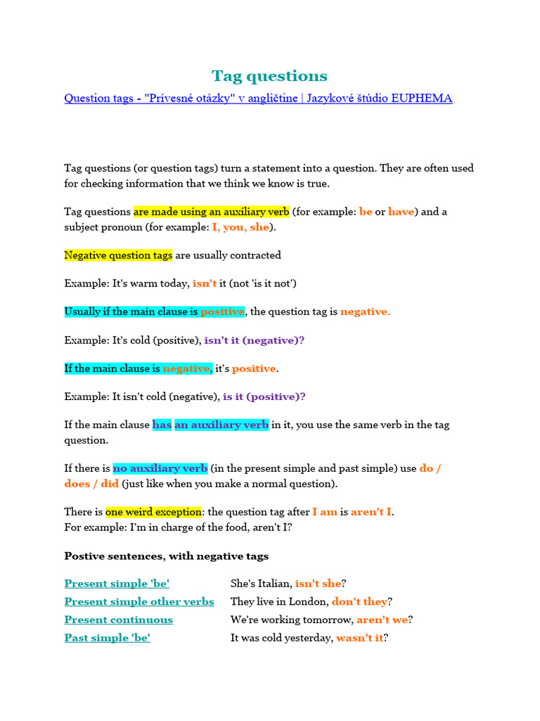 Tag Questions - Grammar | PDF | Question | Verb