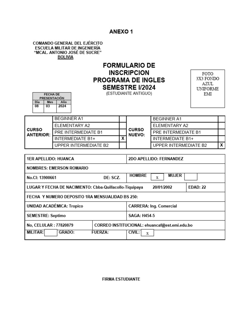Inscripción Inglés EMI 2024 | PDF