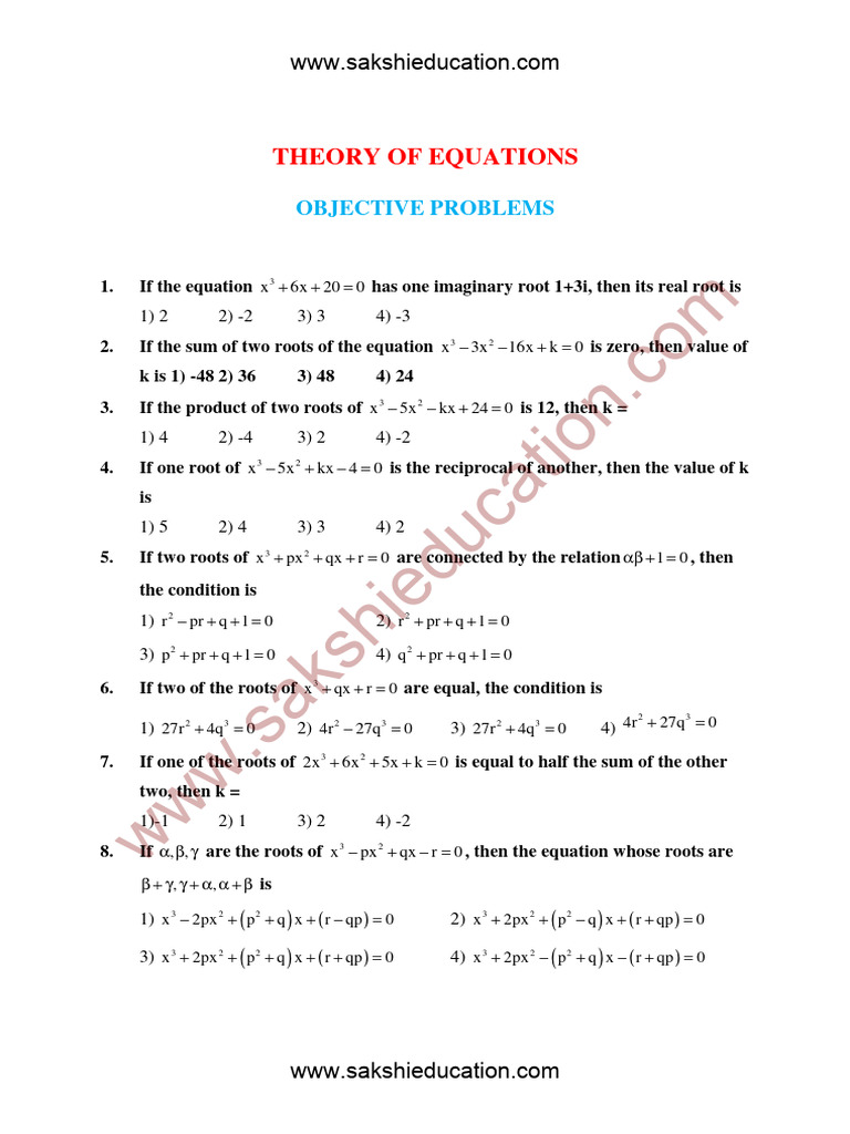 Theory of Equations - Objective Questions | PDF | Mathematical Analysis ...