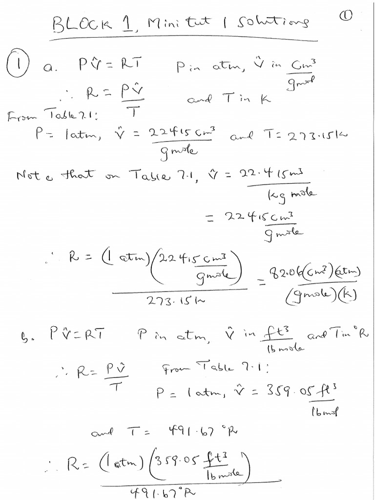 CHE2005W Block 1 Tut 1.1 Solutions - Ideal Gas Law | PDF