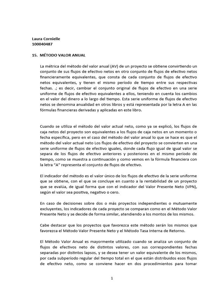 METODO VALOR ANUAL | PDF | Valor presente neto | Tasa interna de retorno