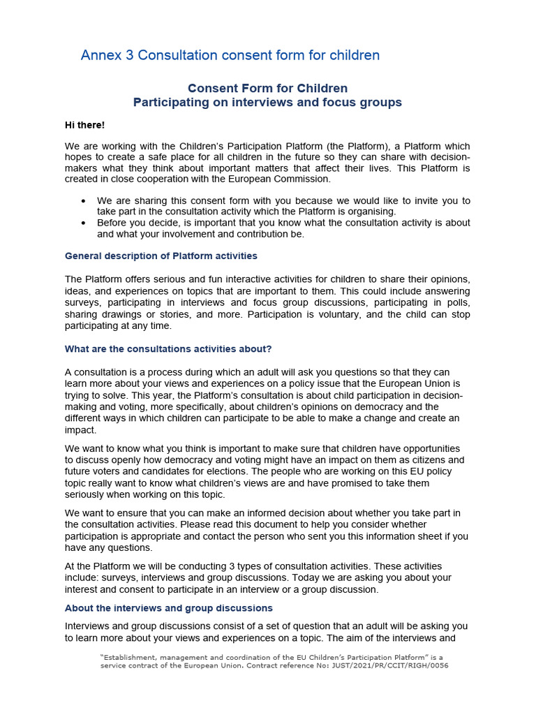 Annex 3 Consent Forms For Children | PDF | Focus Group | Consent
