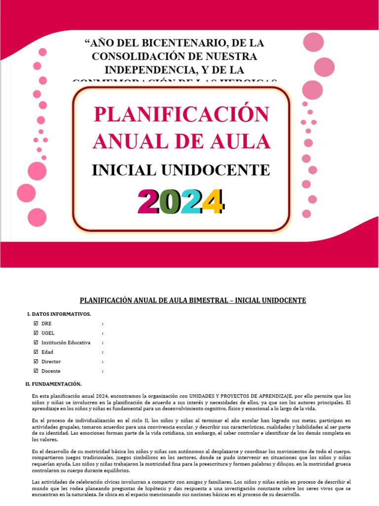 Inicial Unidocente - Planificacion Anual de Aula 2024 | Descargar gratis PDF | Enseñando | Salón ...