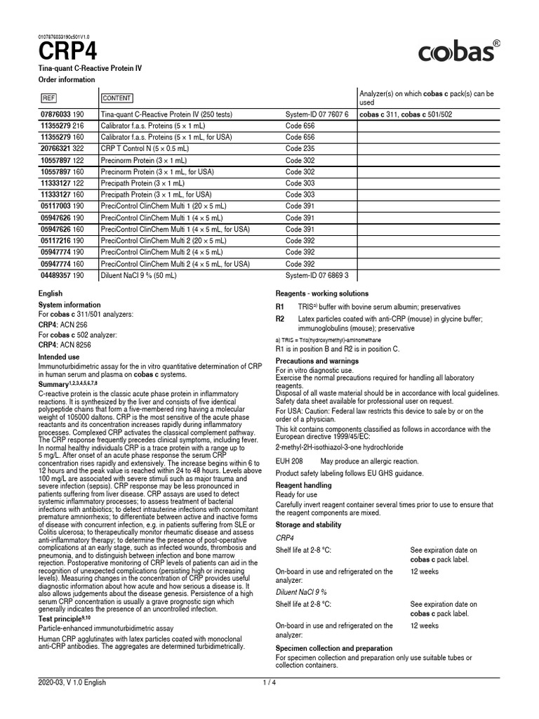 Tina-quant CRP IV Assay Overview | PDF | C Reactive Protein | Detection ...