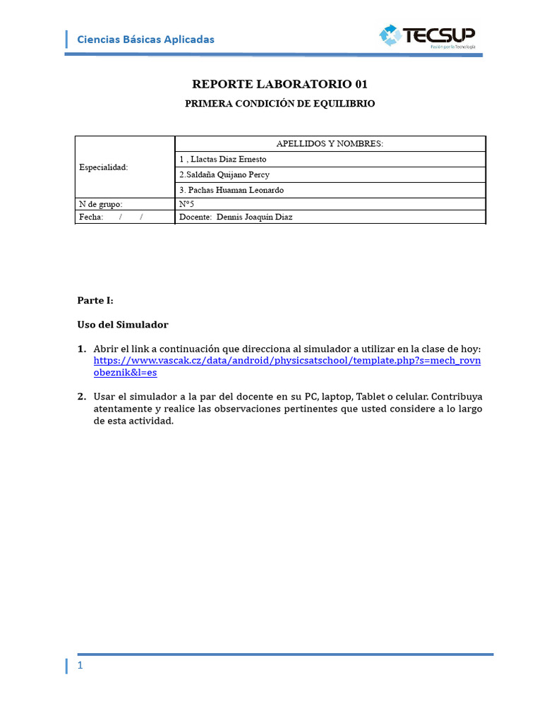 Reporte01 - CBA - 2023 - 1 PERCY 2 | PDF | Fuerza | Experimentar