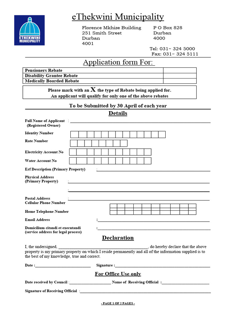 eThekwini Municipality Rebate Application | PDF | Welfare | Rebate ...