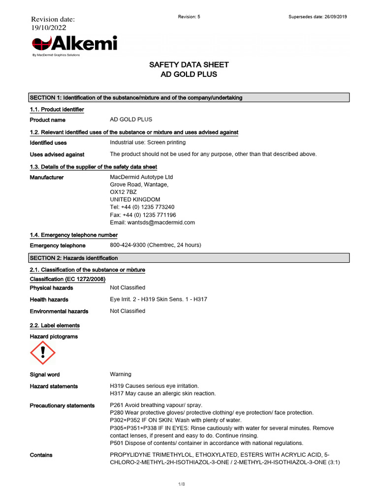 MSDS - XA31163 - AD GOLD PLUS - 2025 - ENG - LT | PDF | Safety ...