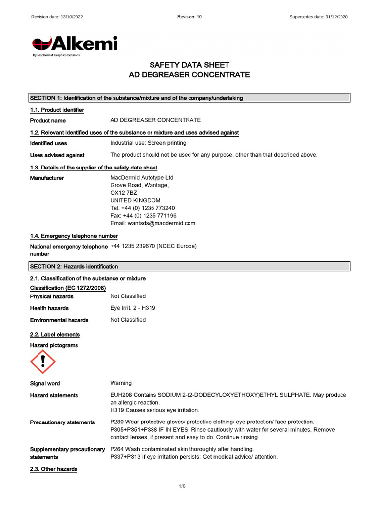 MSDS - XA29993 - GB - AD Degreaser Conc. - 2025 - ENG - LT | PDF ...