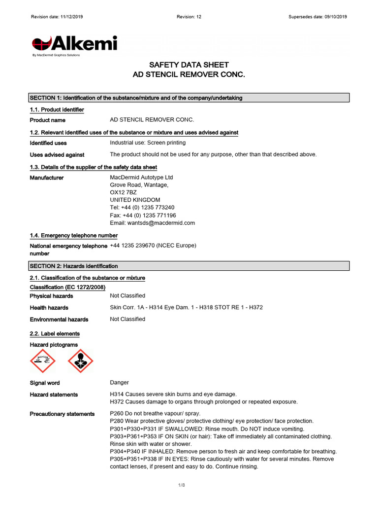 AD Stencil Remover Concentrate SDS | PDF | Workplace | Working Conditions