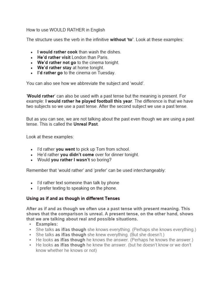 Using "Would Rather" in English | PDF