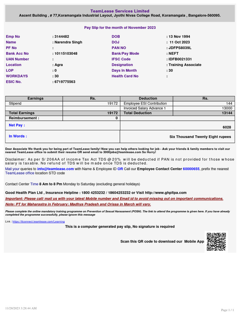 PaySlip - November 2023-1 | PDF | Public Finance | Taxation