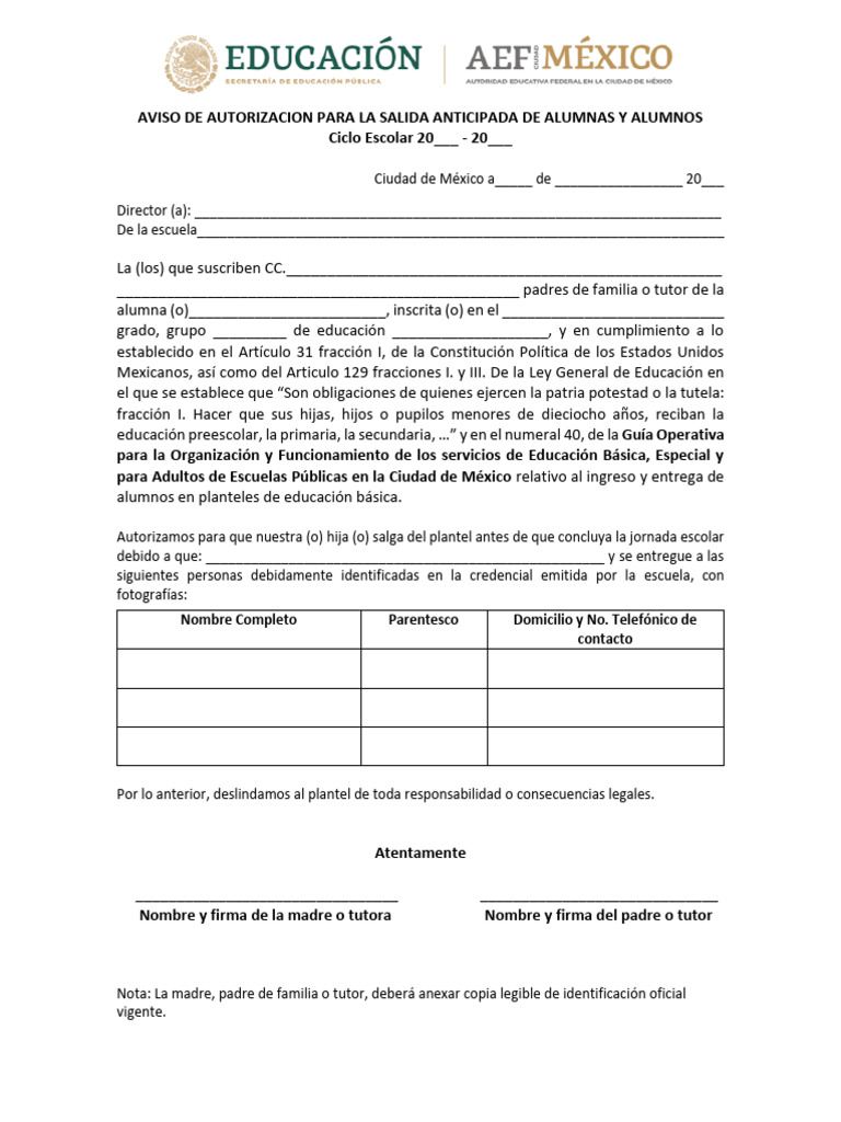 Autorización de Salida Anticipada Escolar | PDF